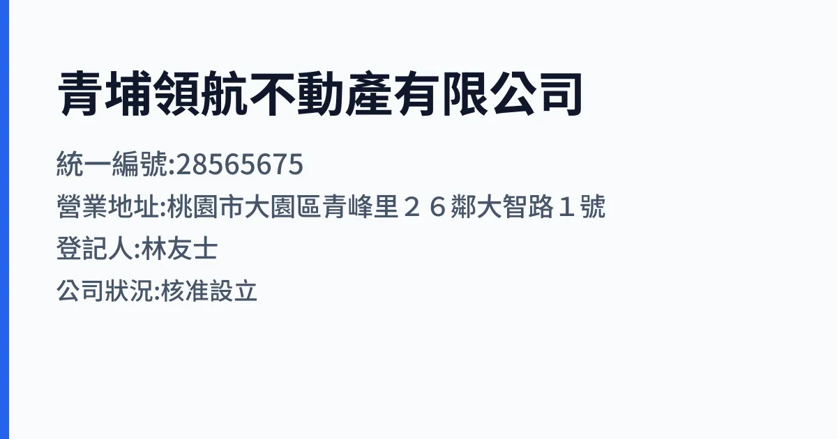 青埔領航不動產有限公司 - 統編 28565675(桃園市) 公司登記資料與營業項目詳細圖表