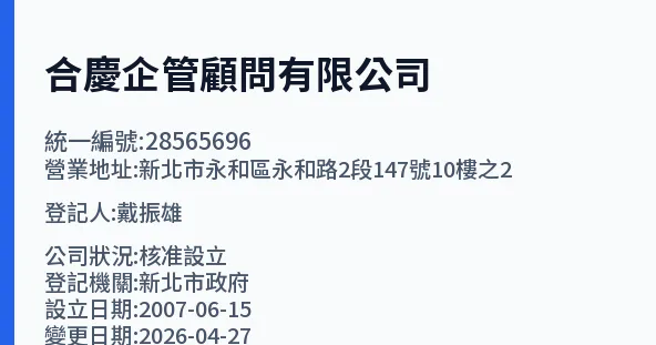 合慶企管顧問有限公司的照片-統編 28565696(新北市) 公司登記資料與營業項目詳細圖表