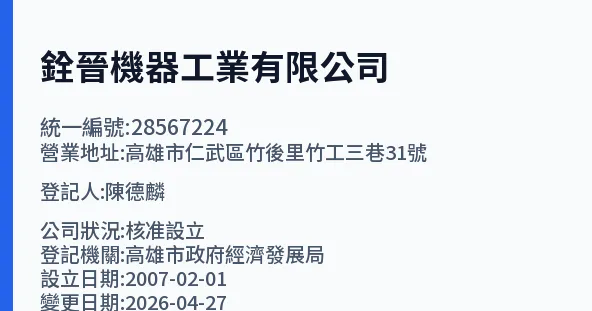 銓晉機器工業有限公司的照片-統編 28567224(高雄市) 公司登記資料與營業項目詳細圖表