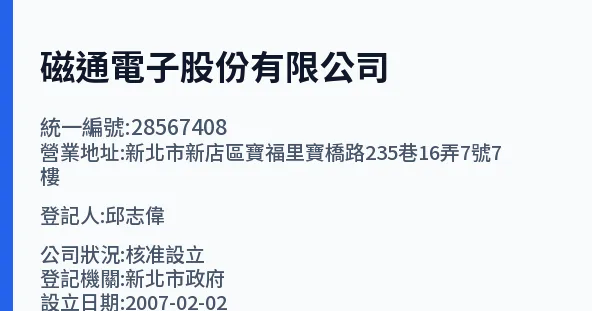 磁通電子股份有限公司的照片-統編 28567408(新北市) 公司登記資料與營業項目詳細圖表