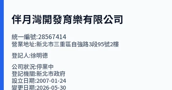 伴月灣開發育樂有限公司的照片-統編 28567414(新北市) 公司登記資料與營業項目詳細圖表