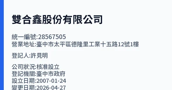 雙合鑫股份有限公司的照片-統編 28567505(臺中市) 公司登記資料與營業項目詳細圖表