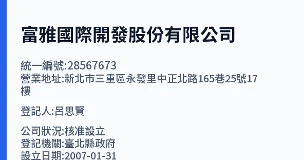 富雅國際開發股份有限公司的照片-統編 28567673(新北市) 公司登記資料與營業項目詳細圖表