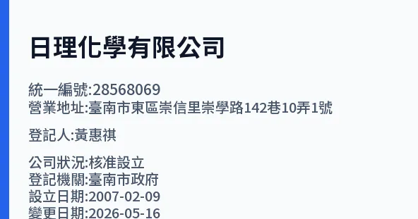 日理化學有限公司的照片-統編 28568069(臺南市) 公司登記資料與營業項目詳細圖表
