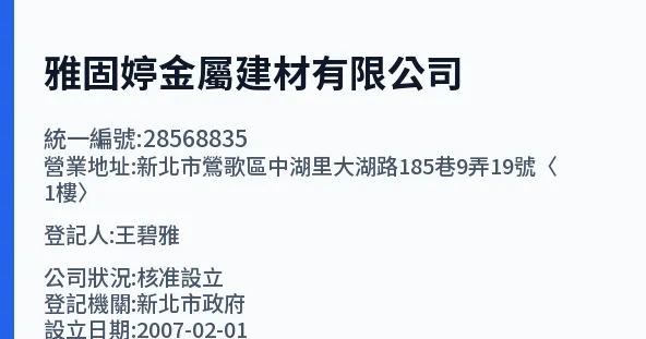 雅固婷金屬建材有限公司的照片-統編 28568835(新北市) 公司登記資料與營業項目詳細圖表