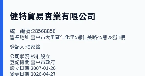 健特貿易實業有限公司的照片-統編 28568856(臺中市) 公司登記資料與營業項目詳細圖表