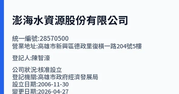 澎海水資源股份有限公司的照片-統編 28570500(高雄市) 公司登記資料與營業項目詳細圖表