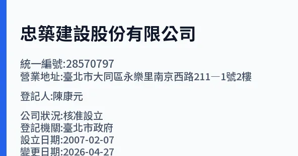 忠築建設股份有限公司的照片-統編 28570797(臺北市) 公司登記資料與營業項目詳細圖表