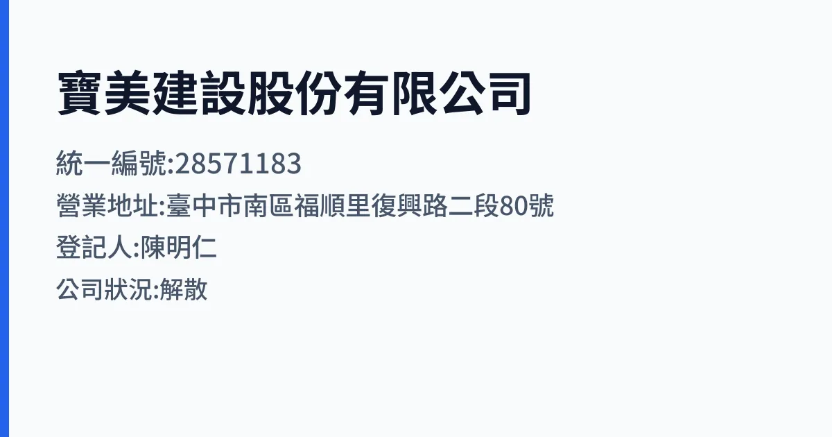 寶美建設股份有限公司 - 統編 28571183(臺中市) 公司登記資料與營業項目詳細圖表