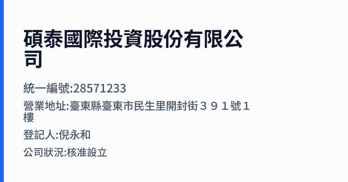 碩泰國際投資股份有限公司 - 統編 28571233(臺東縣) 公司登記資料與營業項目詳細圖表