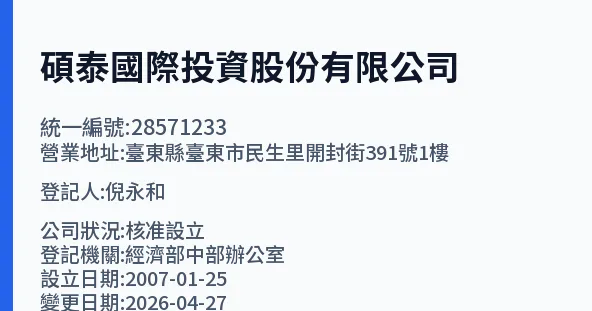 碩泰國際投資股份有限公司的照片-統編 28571233(臺東縣) 公司登記資料與營業項目詳細圖表