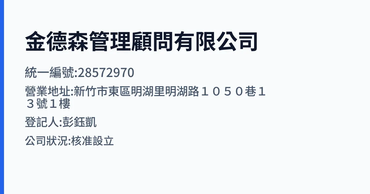 金德森管理顧問有限公司 - 統編 28572970(新竹市) 公司登記資料與營業項目詳細圖表
