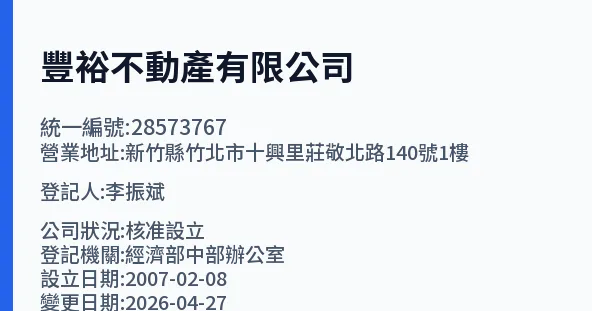 豐裕不動產有限公司的照片-統編 28573767(新竹縣) 公司登記資料與營業項目詳細圖表