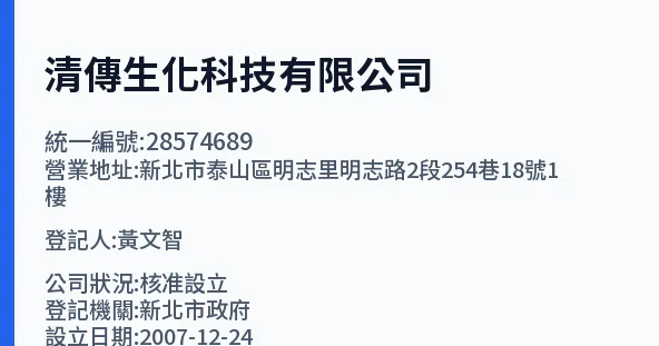 清傳生化科技有限公司的照片-統編 28574689(新北市) 公司登記資料與營業項目詳細圖表
