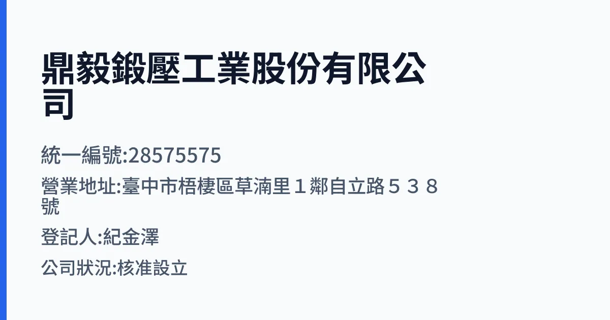 鼎毅鍛壓工業股份有限公司 - 統編 28575575(臺中市) 公司登記資料與營業項目詳細圖表