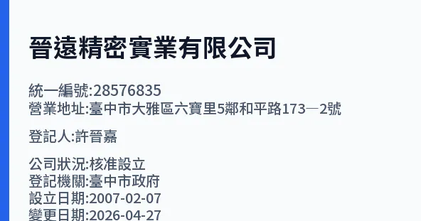 晉遠精密實業有限公司的照片-統編 28576835(臺中市) 公司登記資料與營業項目詳細圖表