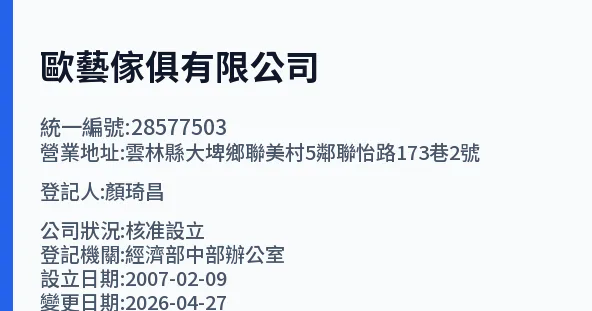 歐藝傢俱有限公司的照片-統編 28577503(雲林縣) 公司登記資料與營業項目詳細圖表