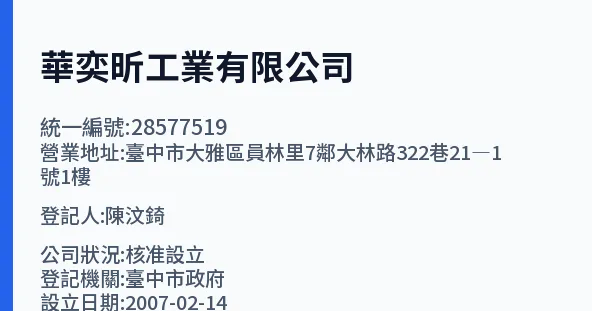 華奕昕工業有限公司的照片-統編 28577519(臺中市) 公司登記資料與營業項目詳細圖表