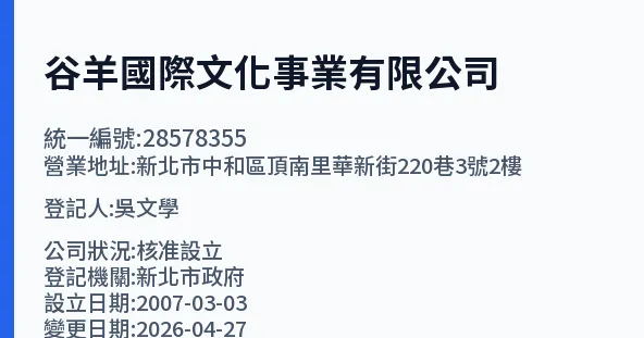 谷羊國際文化事業有限公司的照片-統編 28578355(新北市) 公司登記資料與營業項目詳細圖表