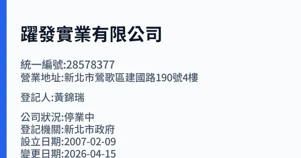 躍發實業有限公司的照片-統編 28578377(新北市) 公司登記資料與營業項目詳細圖表