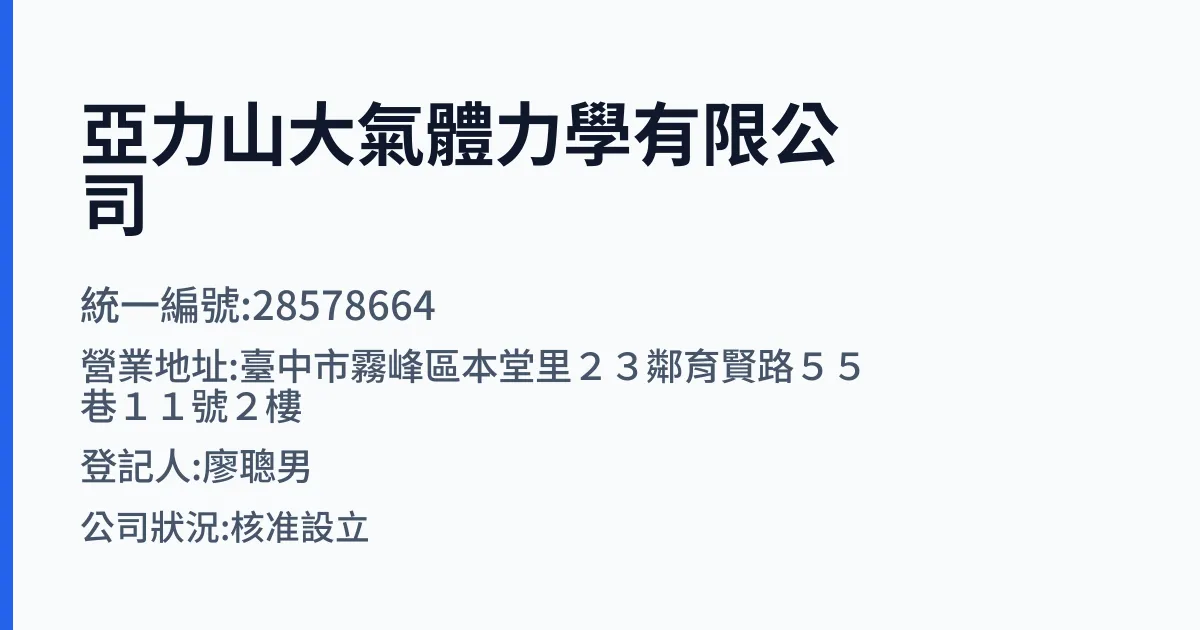 亞力山大氣體力學有限公司 - 統編 28578664(臺中市) 公司登記資料與營業項目詳細圖表
