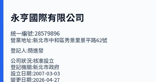 永亨國際有限公司的照片-統編 28579896(新北市) 公司登記資料與營業項目詳細圖表