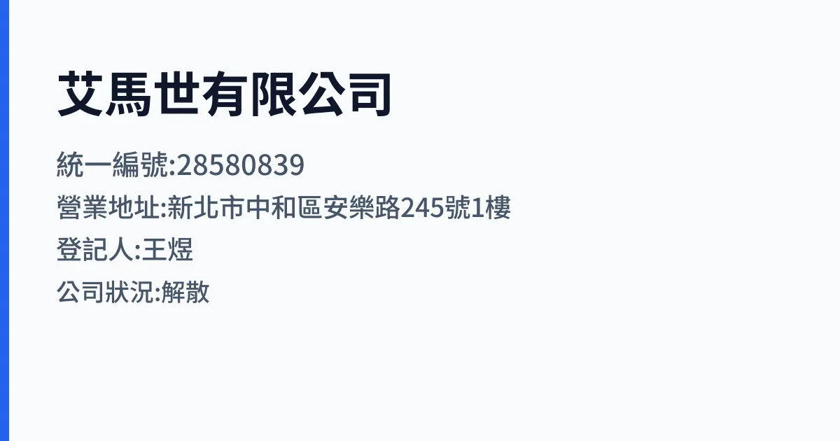 艾馬世有限公司 - 統編 28580839(新北市) 公司登記資料與營業項目詳細圖表