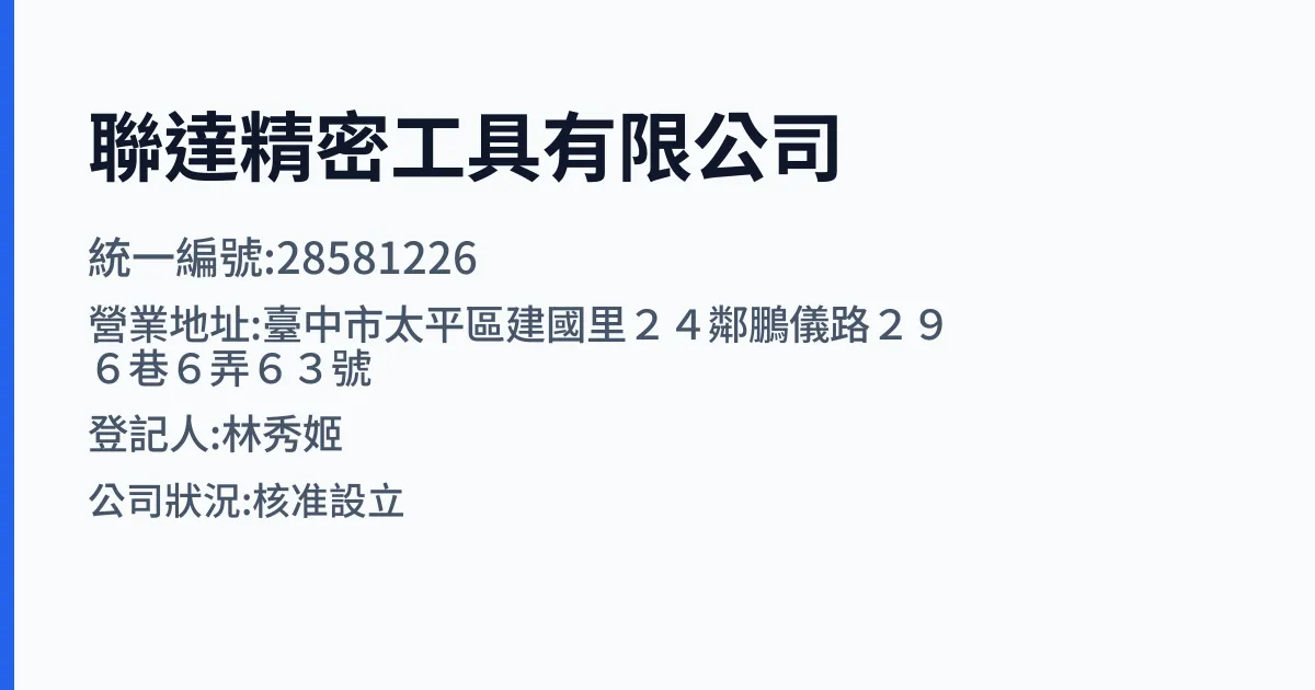 聯達精密工具有限公司 - 統編 28581226（臺中市） 公司登記資料與營業項目詳細圖表