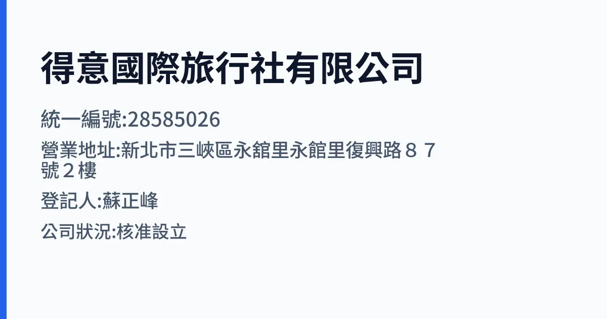 得意國際旅行社有限公司 - 統編 28585026（新北市） 公司登記資料與營業項目詳細圖表