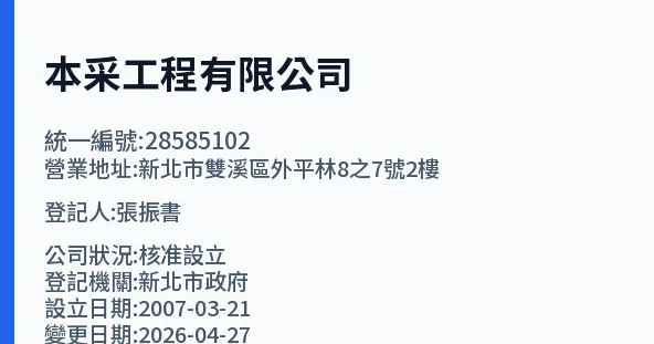 本采工程有限公司的照片-統編 28585102(新北市) 公司登記資料與營業項目詳細圖表