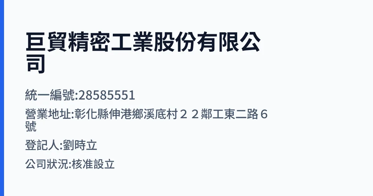 巨貿精密工業股份有限公司 - 統編 28585551(彰化縣) 公司登記資料與營業項目詳細圖表