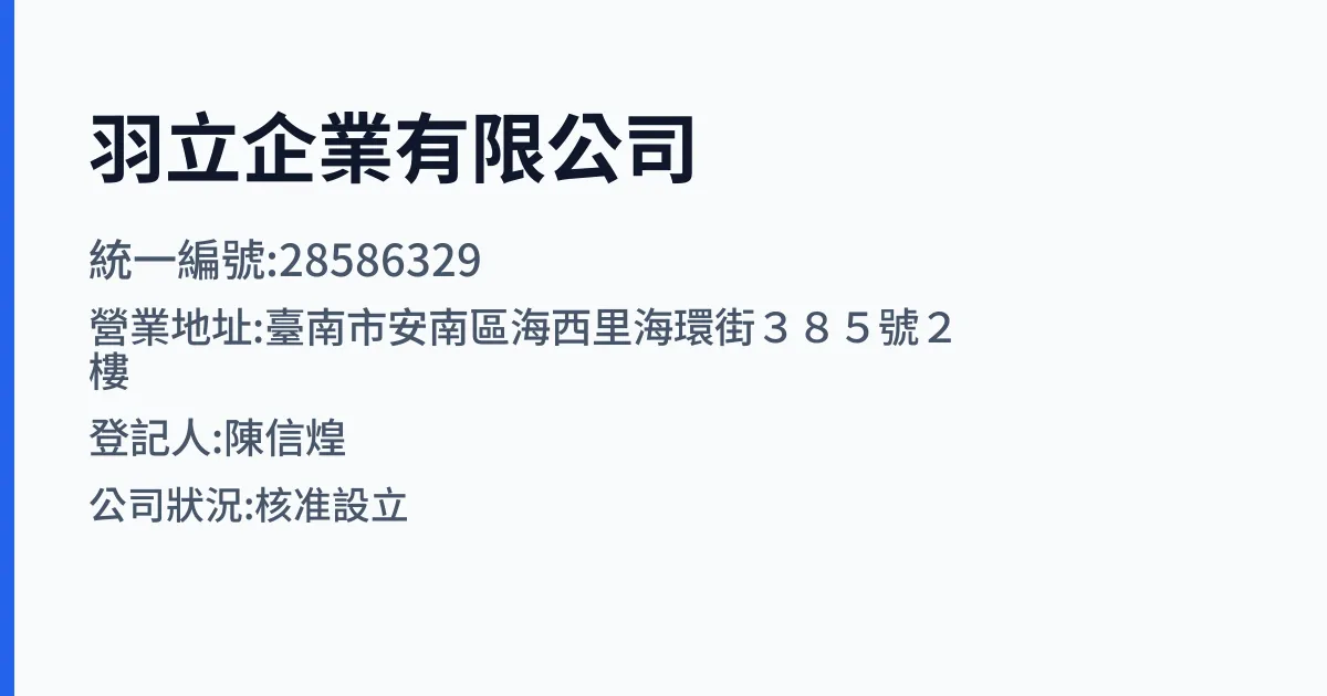 羽立企業有限公司 - 統編 28586329(臺南市) 公司登記資料與營業項目詳細圖表