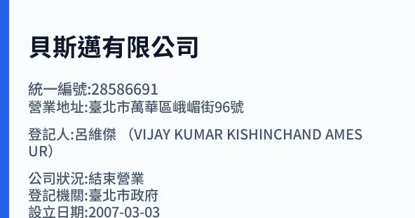 貝斯邁有限公司的照片-統編 28586691(臺北市) 公司登記資料與營業項目詳細圖表