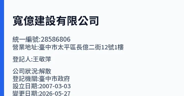 寬億建設有限公司的照片-統編 28586806(臺中市) 公司登記資料與營業項目詳細圖表