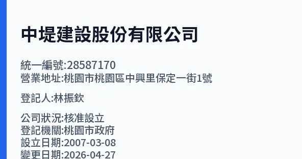 中堤建設股份有限公司的照片-統編 28587170(桃園市) 公司登記資料與營業項目詳細圖表