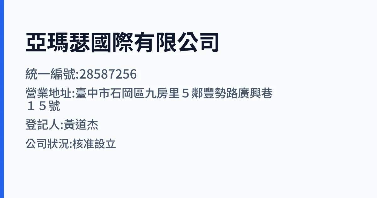 亞瑪瑟國際有限公司 - 統編 28587256(臺中市) 公司登記資料與營業項目詳細圖表