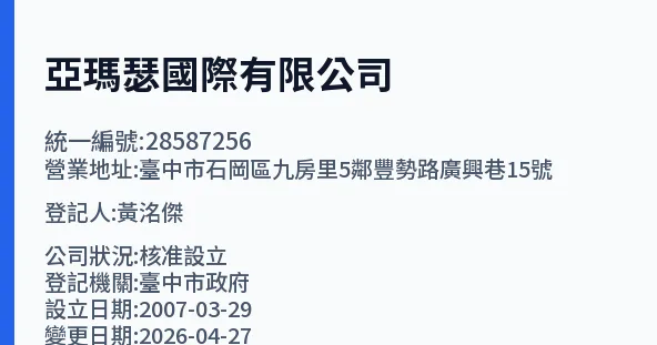 亞瑪瑟國際有限公司的照片-統編 28587256(臺中市) 公司登記資料與營業項目詳細圖表