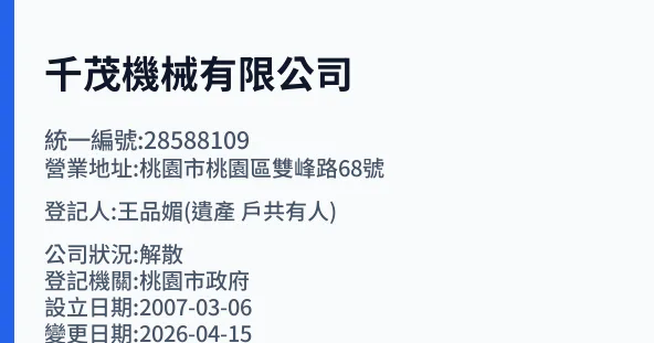 千茂機械有限公司的照片-統編 28588109(桃園市) 公司登記資料與營業項目詳細圖表