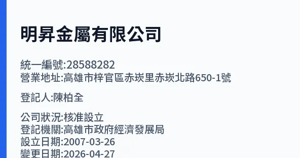 明昇金屬有限公司的照片-統編 28588282(高雄市) 公司登記資料與營業項目詳細圖表