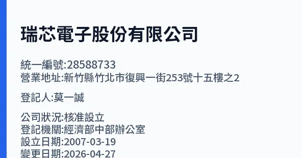 瑞芯電子股份有限公司的照片-統編 28588733(新竹縣) 公司登記資料與營業項目詳細圖表