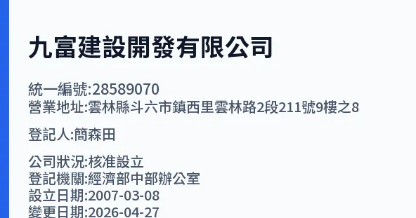 九富建設開發有限公司的照片-統編 28589070(雲林縣) 公司登記資料與營業項目詳細圖表