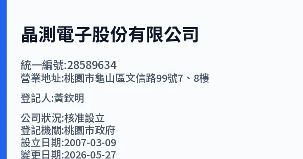 晶測電子股份有限公司的照片-統編 28589634(桃園市) 公司登記資料與營業項目詳細圖表