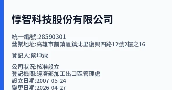 惇智科技股份有限公司的照片-統編 28590301(高雄市) 公司登記資料與營業項目詳細圖表