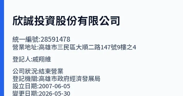 欣誠投資股份有限公司的照片-統編 28591478(高雄市) 公司登記資料與營業項目詳細圖表