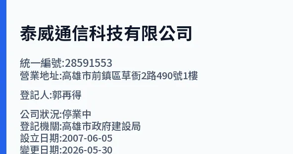 泰威通信科技有限公司的照片-統編 28591553(高雄市) 公司登記資料與營業項目詳細圖表