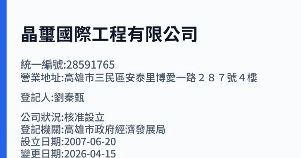 晶璽國際工程有限公司的照片-統編 28591765(高雄市) 公司登記資料與營業項目詳細圖表