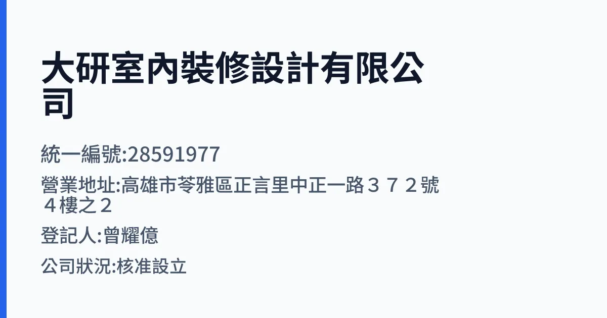 大研室內裝修設計有限公司 - 統編 28591977(高雄市) 公司登記資料與營業項目詳細圖表