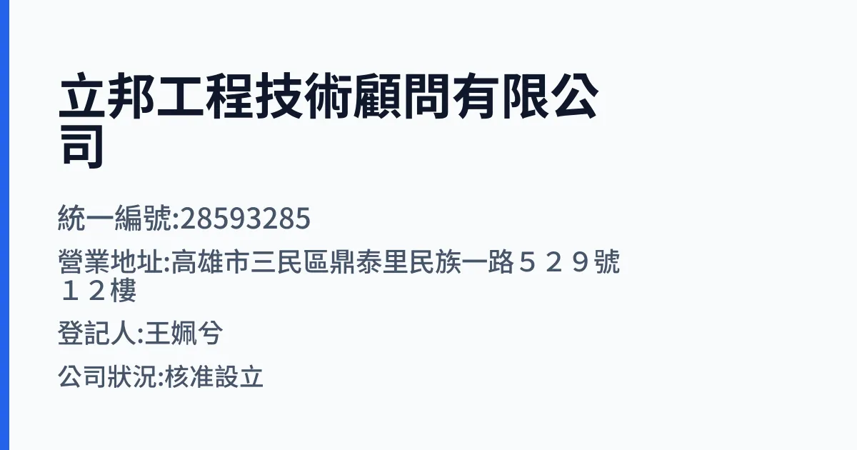立邦工程技術顧問有限公司 - 統編 28593285（高雄市） 公司登記資料與營業項目詳細圖表