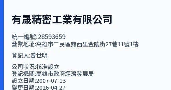 有晟精密工業有限公司的照片-統編 28593659(高雄市) 公司登記資料與營業項目詳細圖表