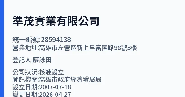 準茂實業有限公司的照片-統編 28594138(高雄市) 公司登記資料與營業項目詳細圖表